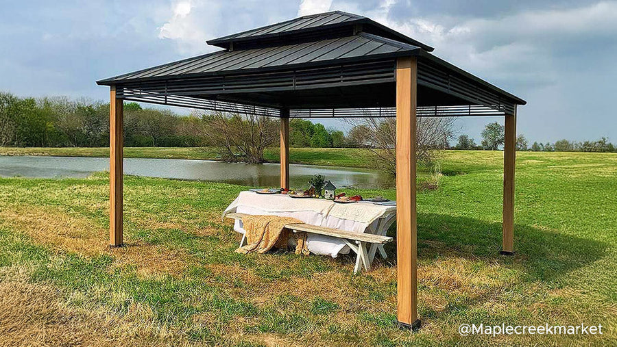 Explore gazebo designs that blend with a rustic home. From wooden gazebos with double-tier roofs ...